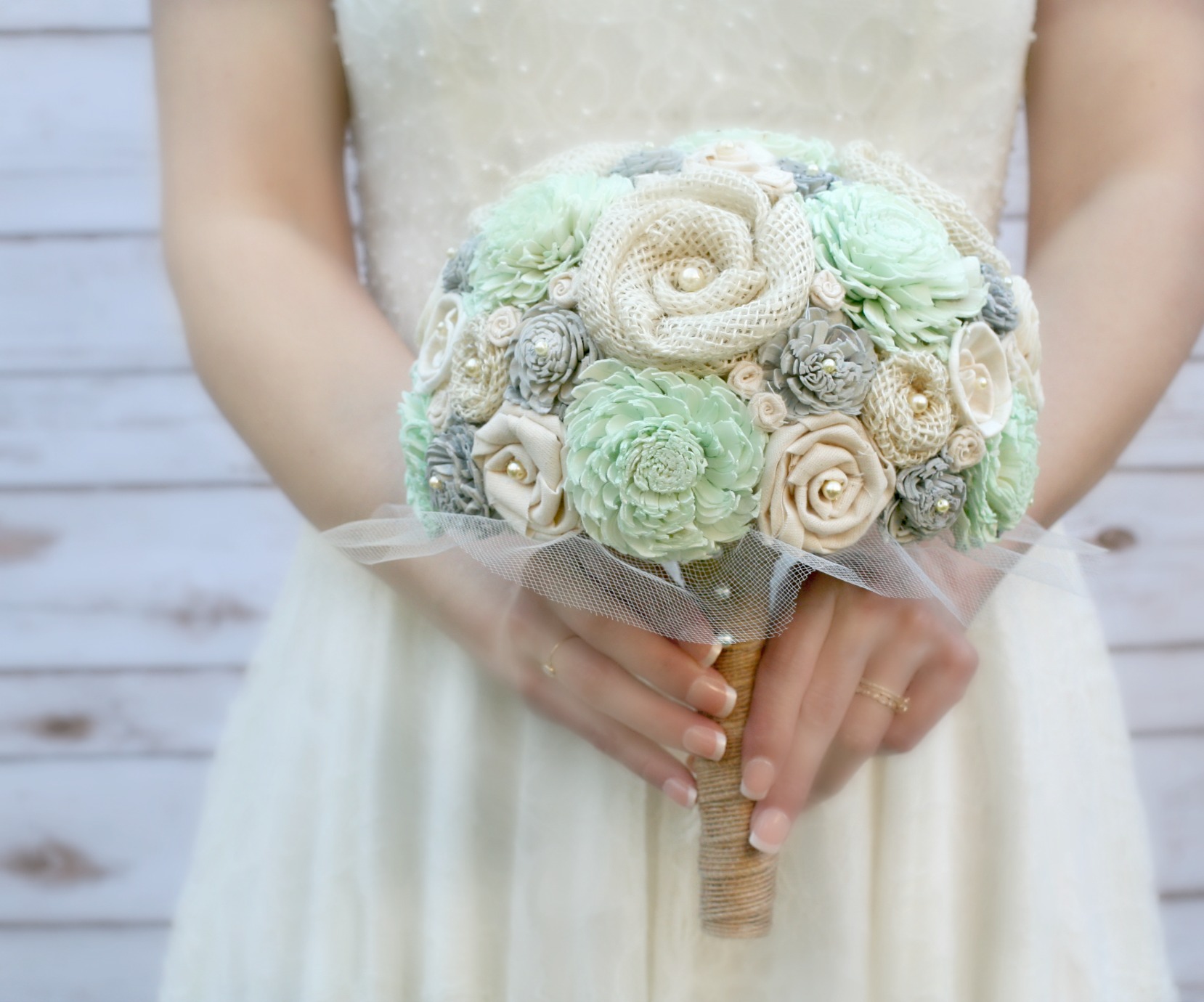 Mint & Soft Grey Sola Flower and Fabric Bouquet