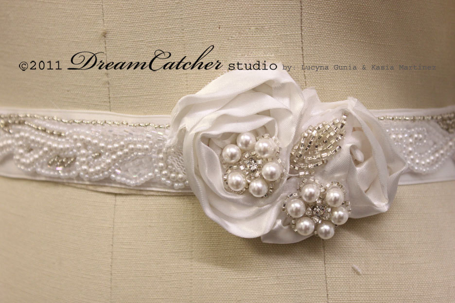 Savannah pearl beaded and flower bridal sash