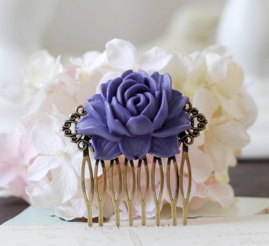 Purple Wedding Flower Hair Comb. Large Purple Flower Filigree Hair Comb