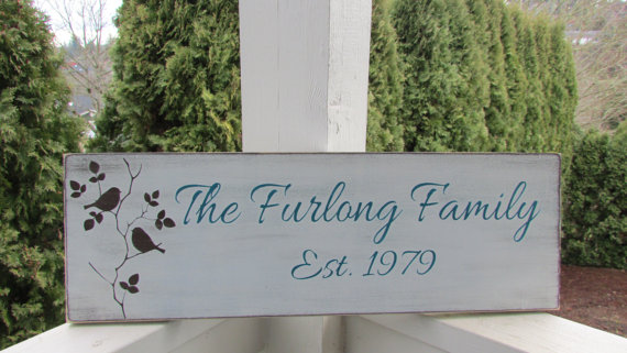 Custom family sign with family last name, est date, birds on a branch ...