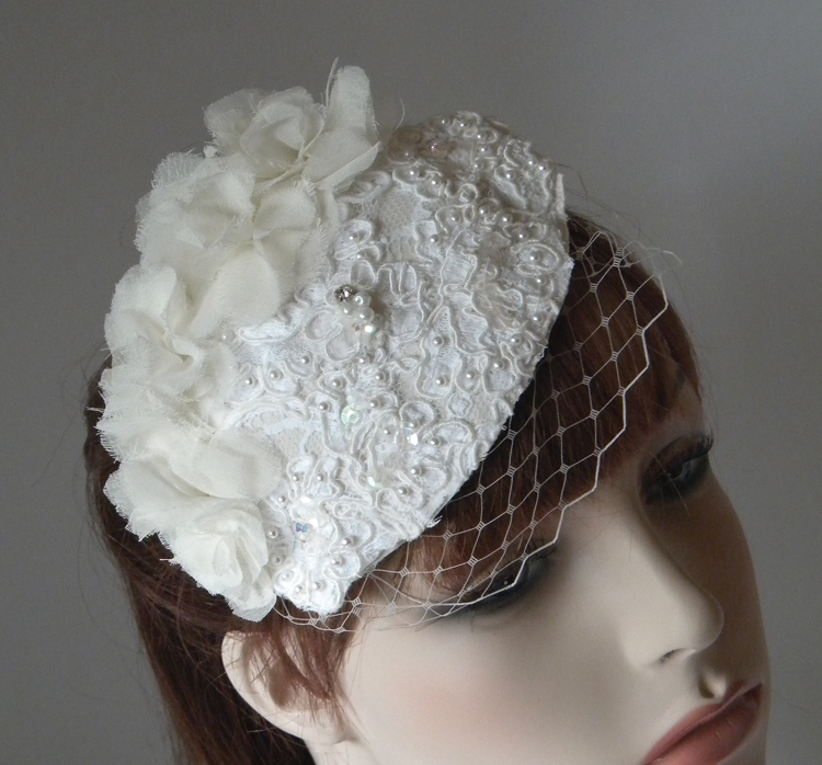 Ivory Lace Juliet Cap with Russian Birdcage Veil, 1920s Inspired Bridal ...