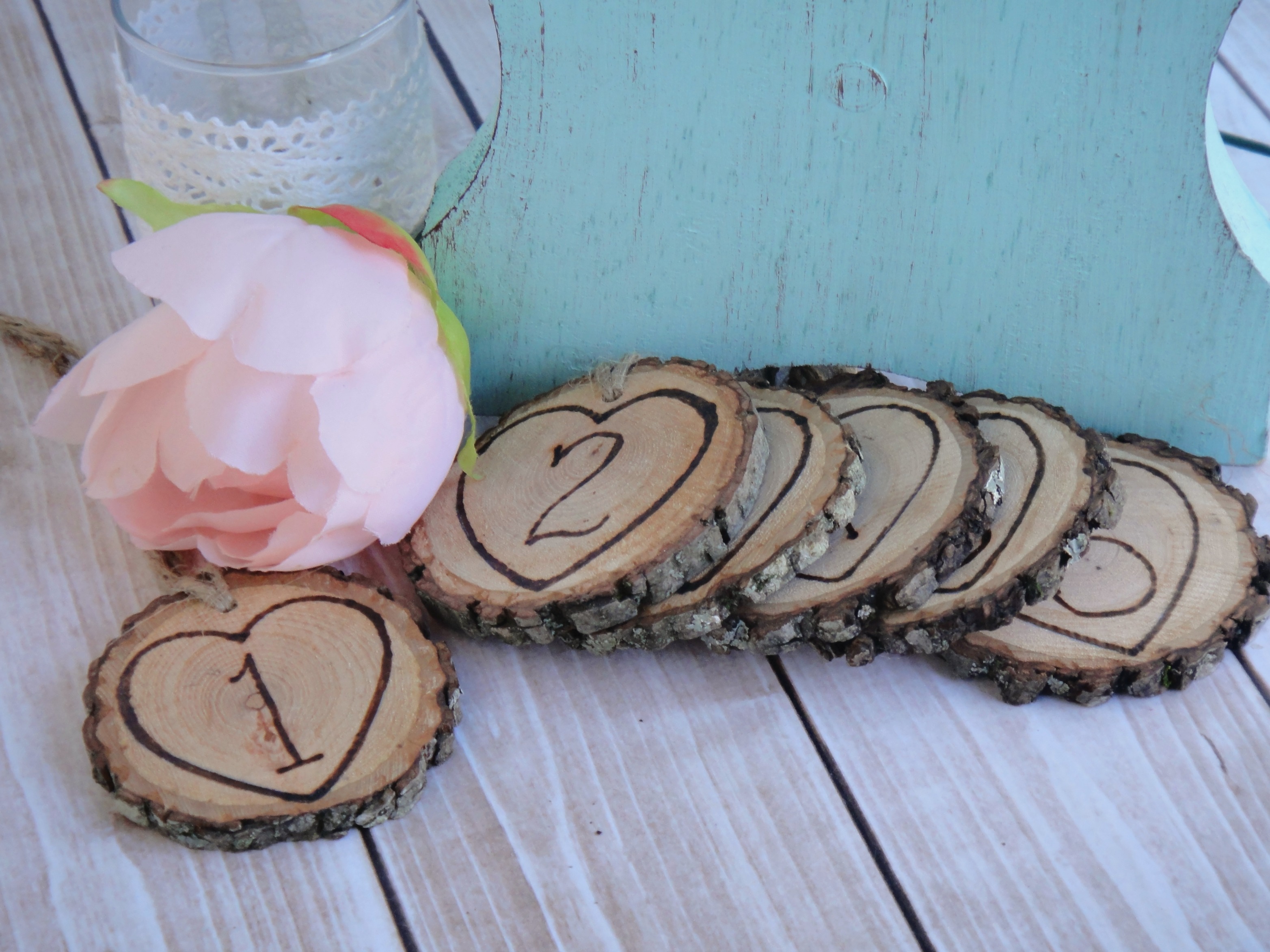 Engraved Heart Wood Slice Table Numbers