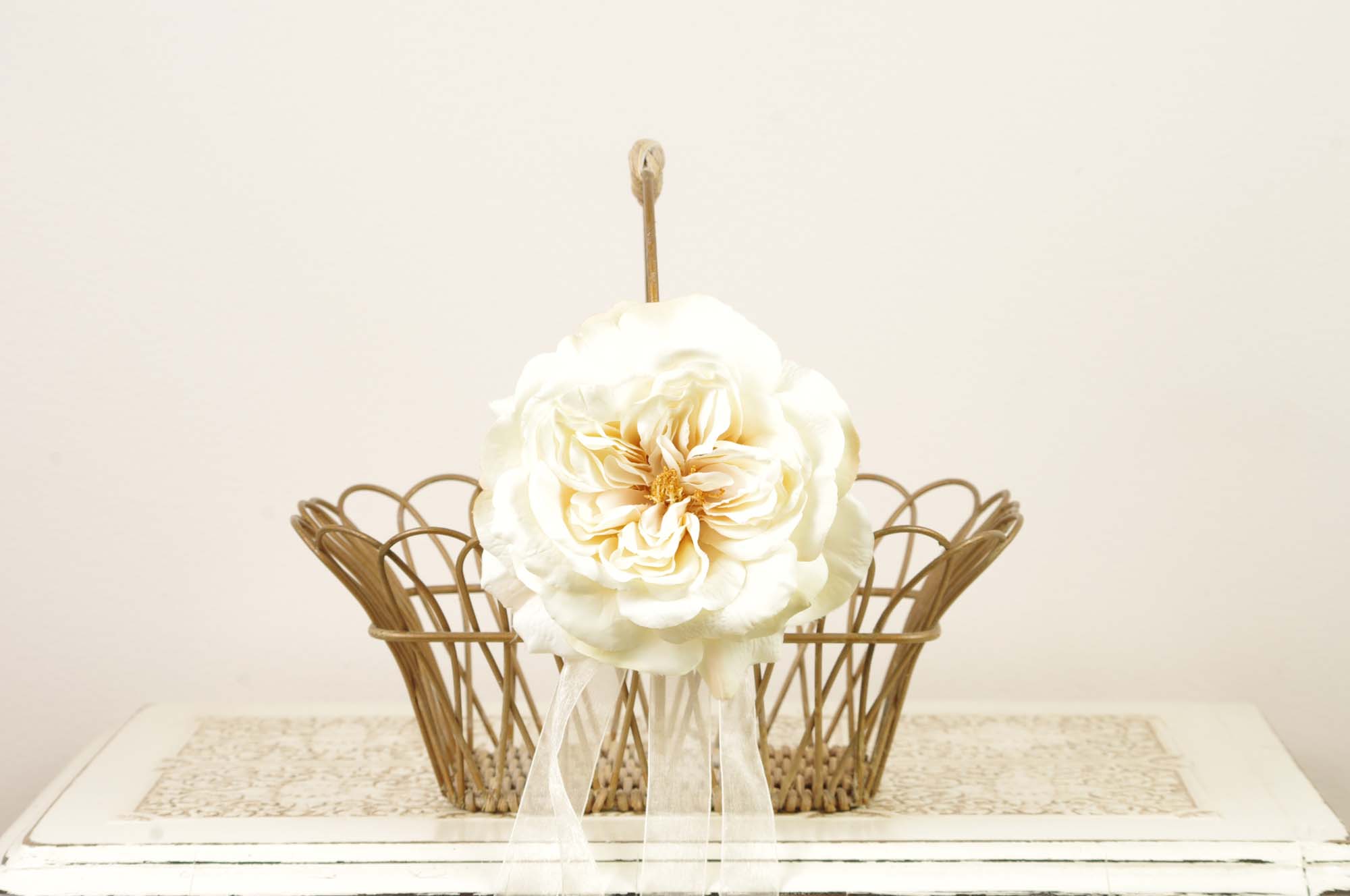 Vintage Metal and Wicker Flower Girl Basket with Ivory English Rose