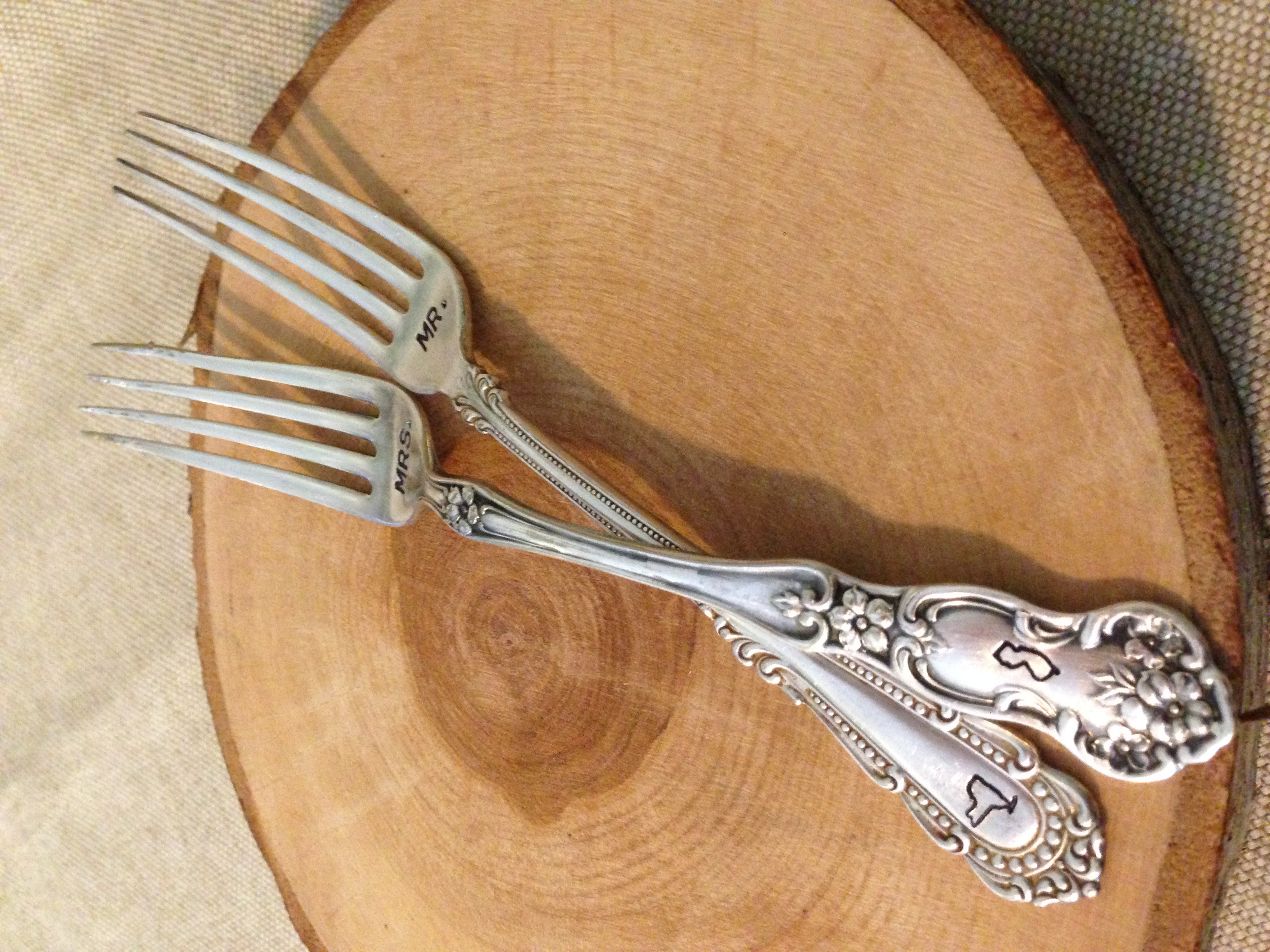 Vintage Silverware Hand Stamped Mr. Mrs. Forks with Personalized State