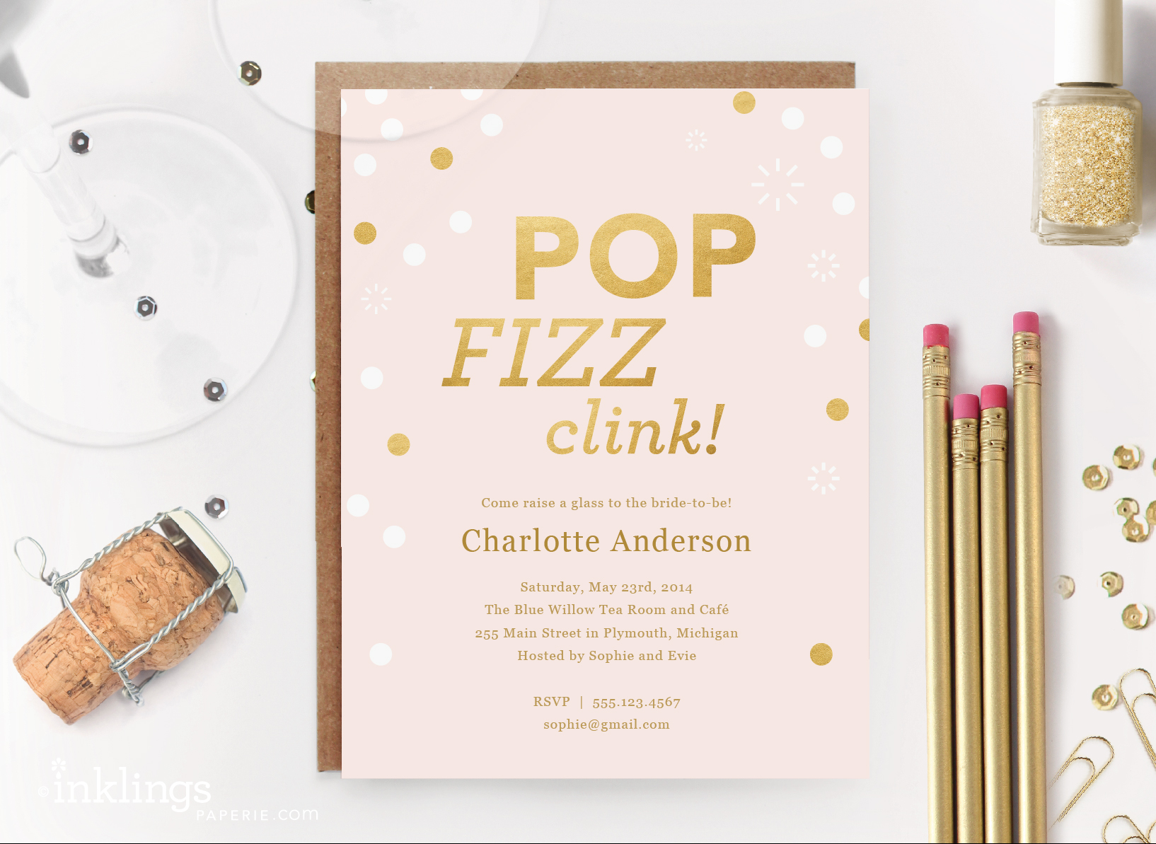 Pink and Gold Pop Fizz Clink Printable Bridal Shower Invitation
