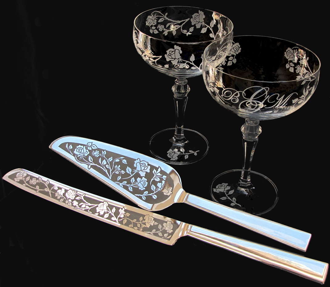 Rose Themed Wedding Cake Server and Champagne Glass Set