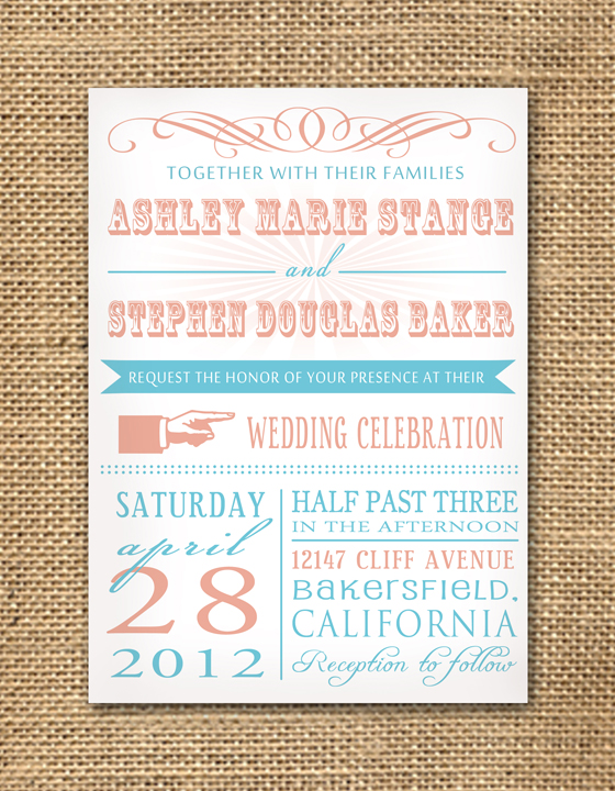 Vintage Teal and Apricot Wedding Invitation