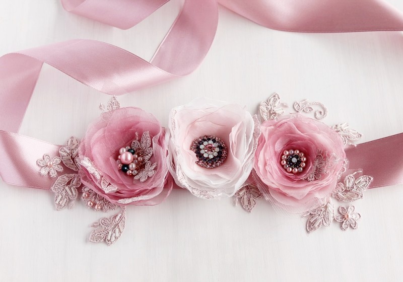 Dusty Pink Wedding Sash, Flower Bridal Sash, Prom Dress Sash, Wedding ...