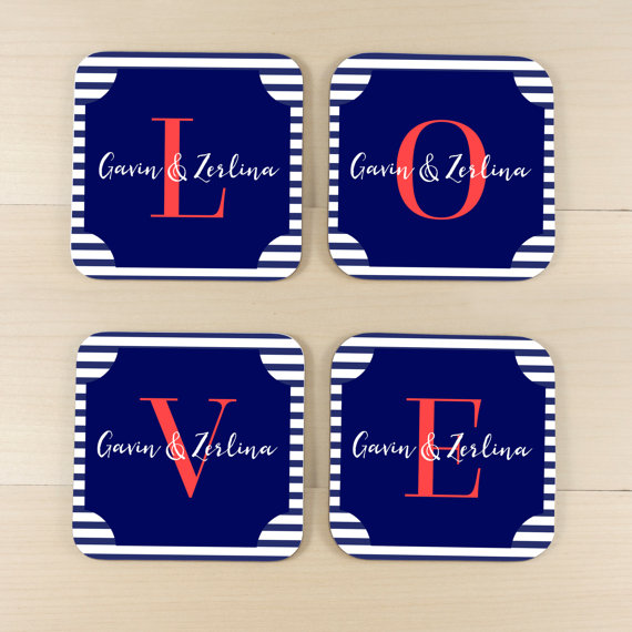 Personalized Coaster Set - LOVE Coasters - Navy Coasters - Wedding Gift ...