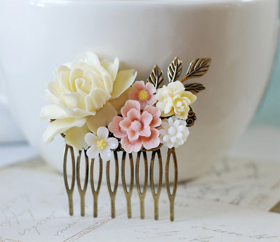 Bridal Hair Comb. Flowers Floral Collage Hair Comb. Ivory Rose, Pink ...
