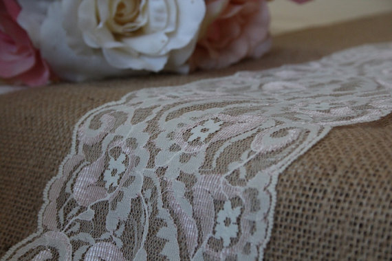 Burlap & Pink-Ivory Lace Table Runner - Weddings, Home Decor, Rustic ...