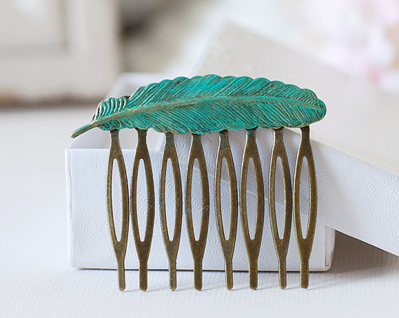 Feather Hair Comb. Verdigris Patina Blue Feather Hair Comb. Antique ...