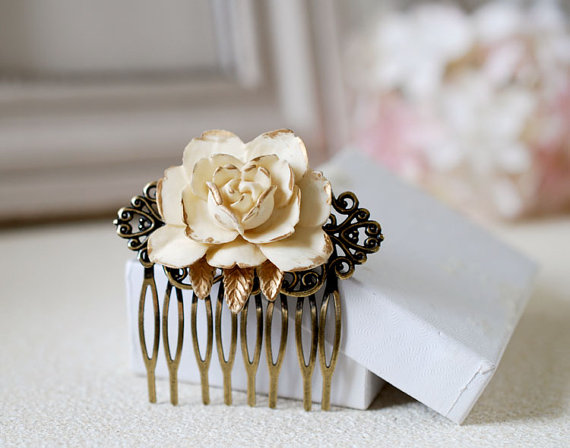 Ivory Rose Hair Comb. Ivory Cream Rose with Gold Petals Brass Filigree ...