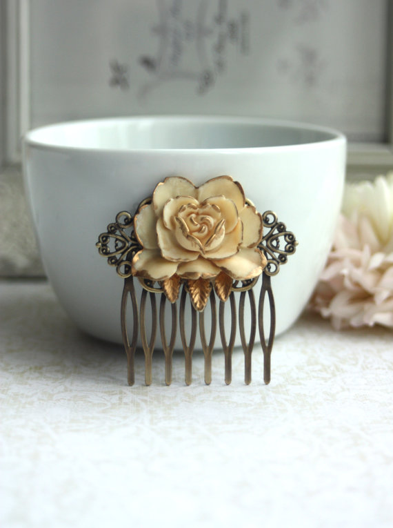 Ivory Antiqued Gold, Shabby Chic, Vintage Style Ivory Rose Flower Hair ...
