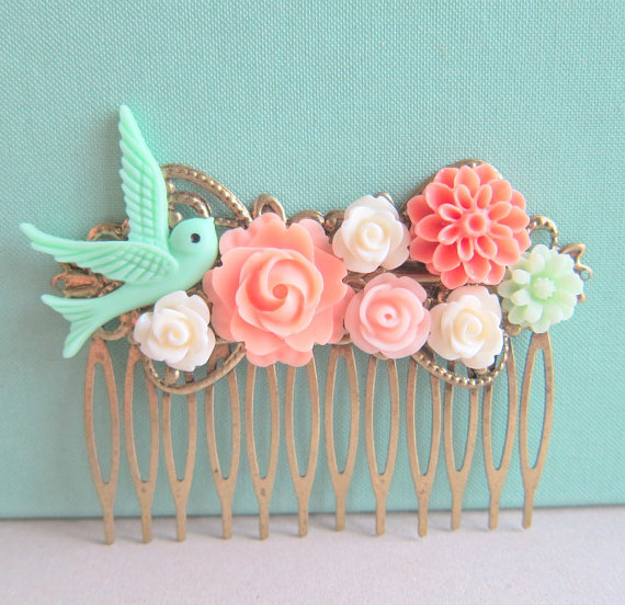 Coral Mint Green Wedding Hair Comb Bridesmaid Gift Peach Pink Mint ...