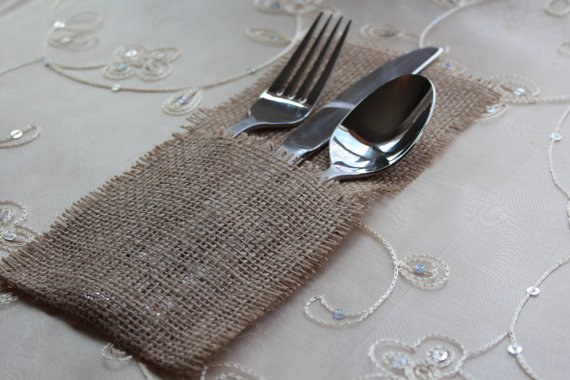 Burlap Silverware Holder, Pocket, Utensil Pouches // Rustic Weddings