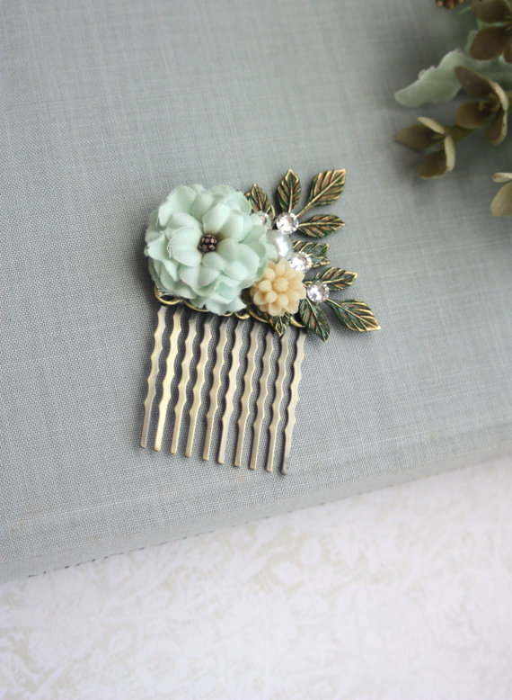 Wedding Hair Comb. Mint Green Rose, Peach, Shabby Chic, Pearl, Patina ...