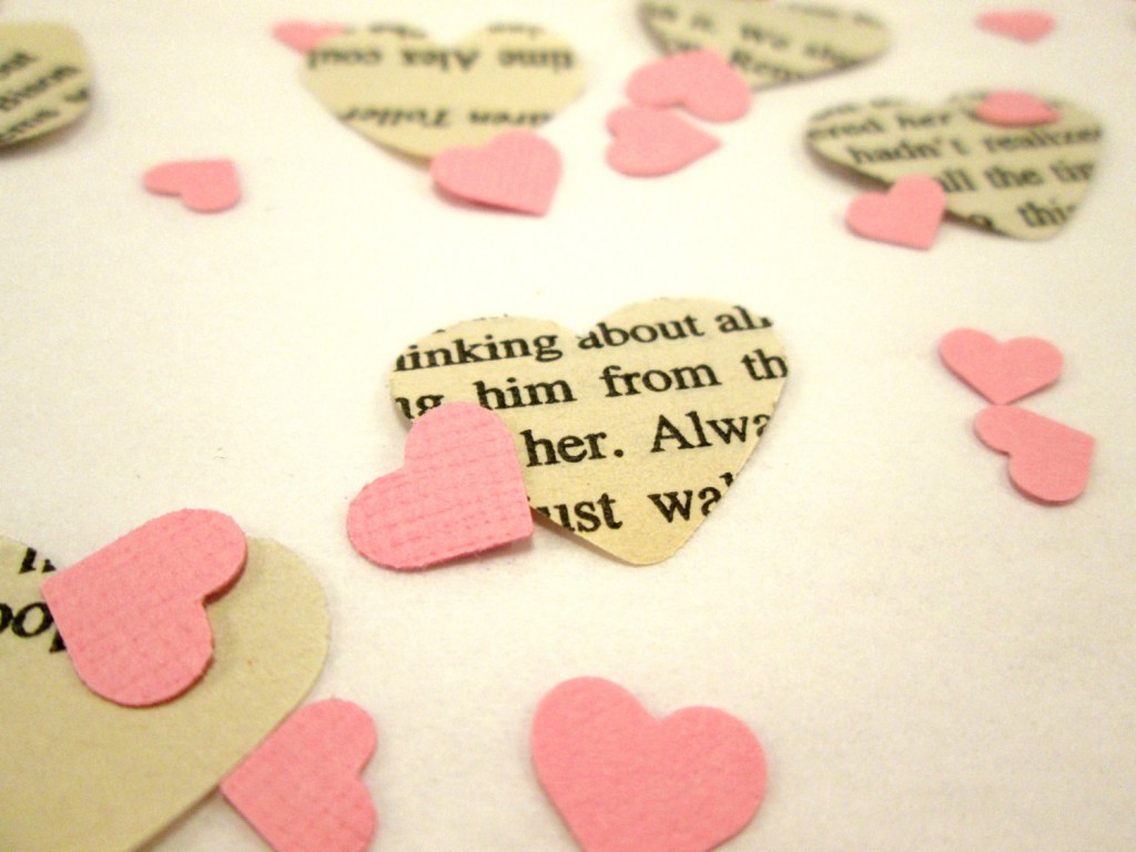Book Page Heart Confetti & Pink Mini Paper Hearts for Vintage Wedding