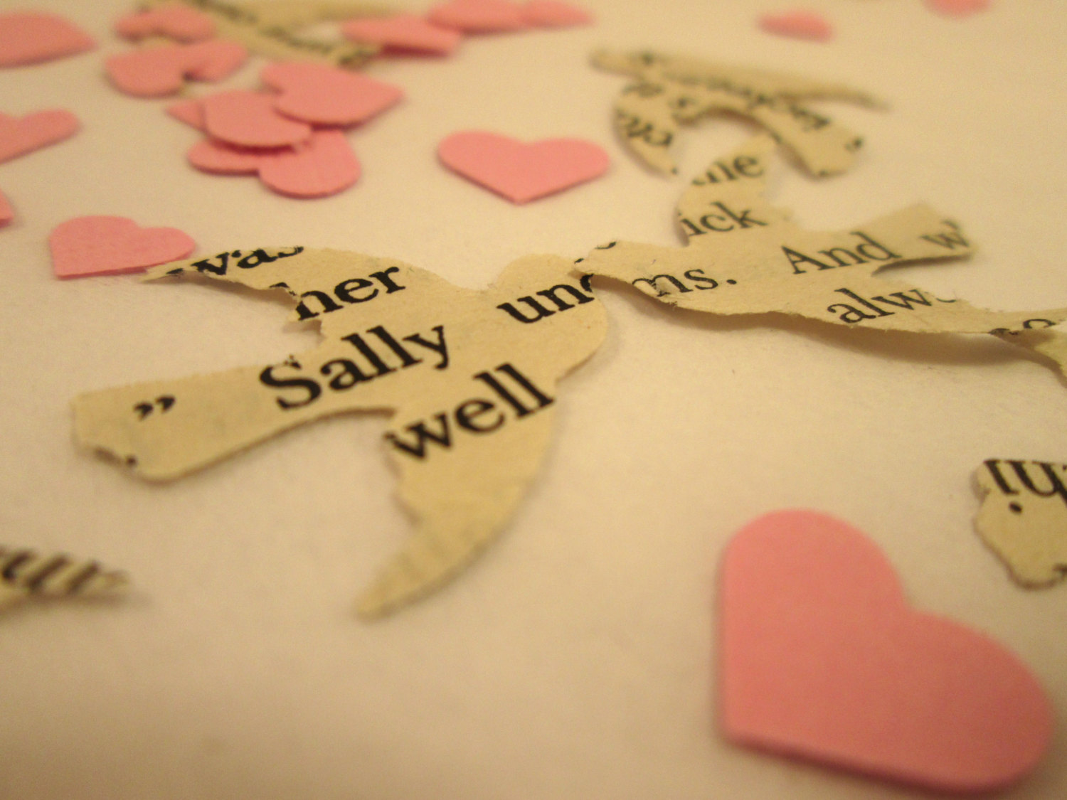 Book Page Bird Confetti & Pink Mini Heart Confetti