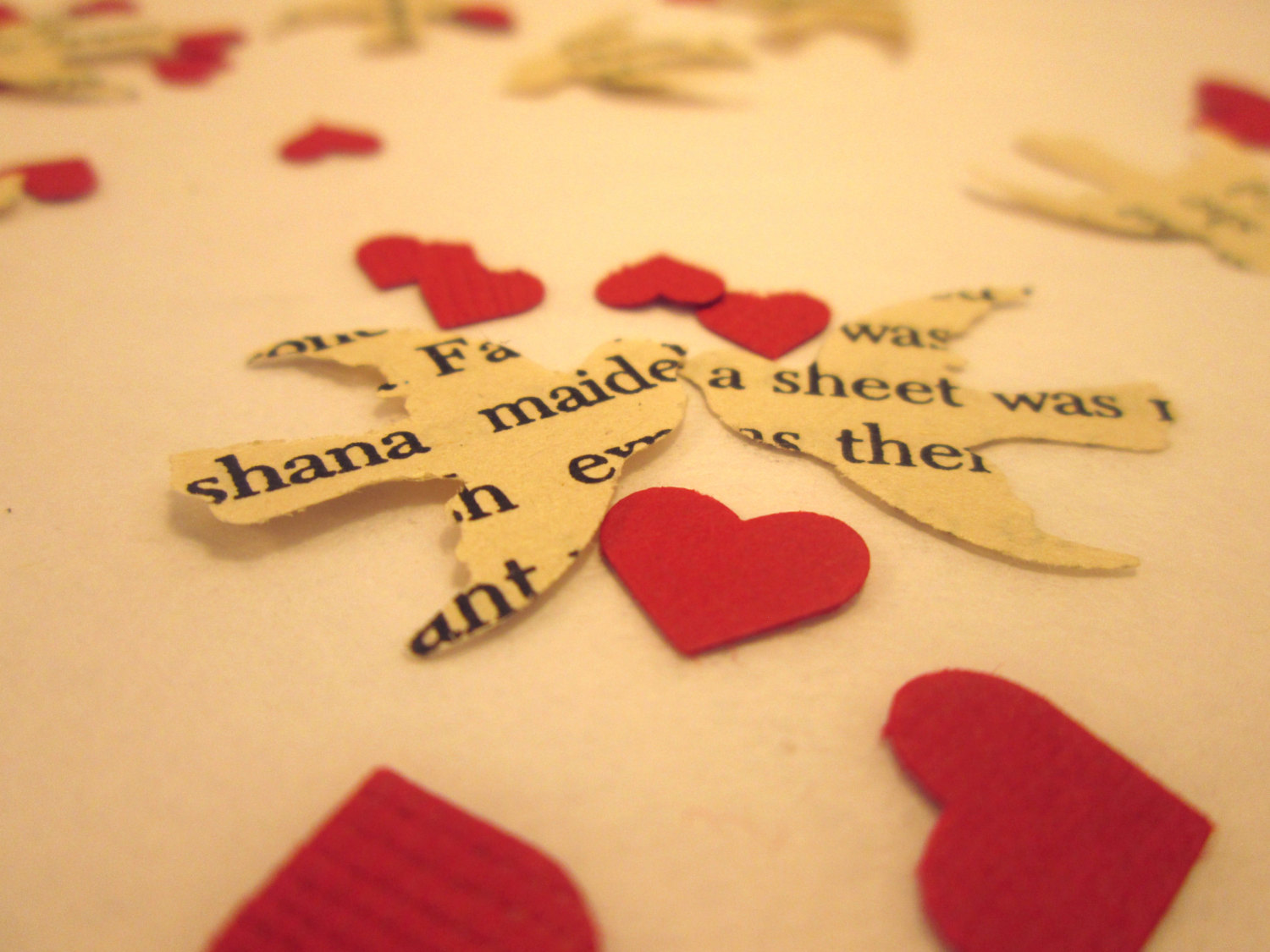 Book Page Bird Confetti & Red Mini Heart Confetti // Vintage Wedding
