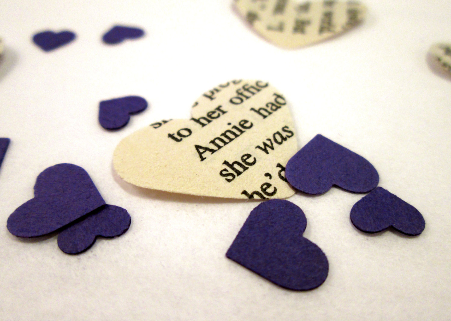 Book Page Heart Confetti & Purple Mini Paper Hearts for Vintage Wedding