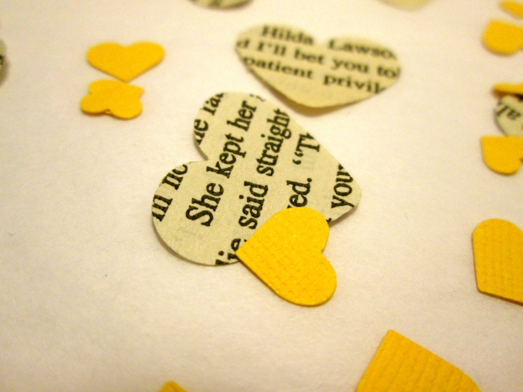 Book Page Heart Confetti & Yellow Mini Paper Hearts for Vintage Wedding