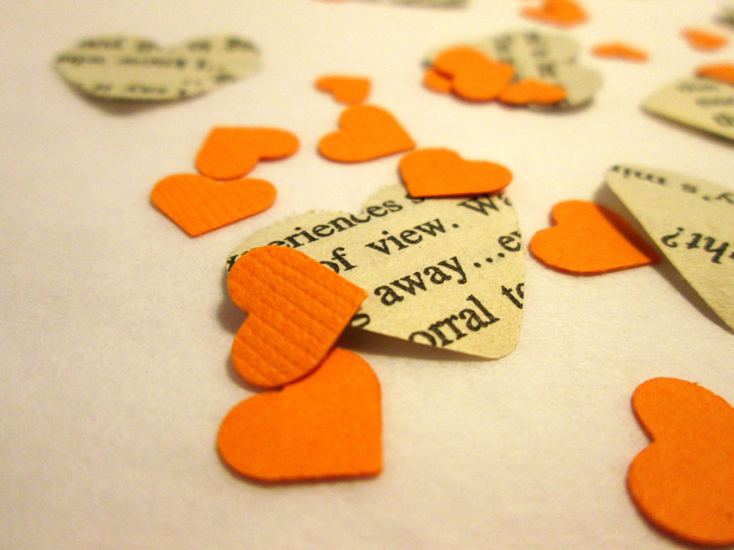 Book Page Heart Confetti & Orange Mini Paper Hearts for Vintage Wedding