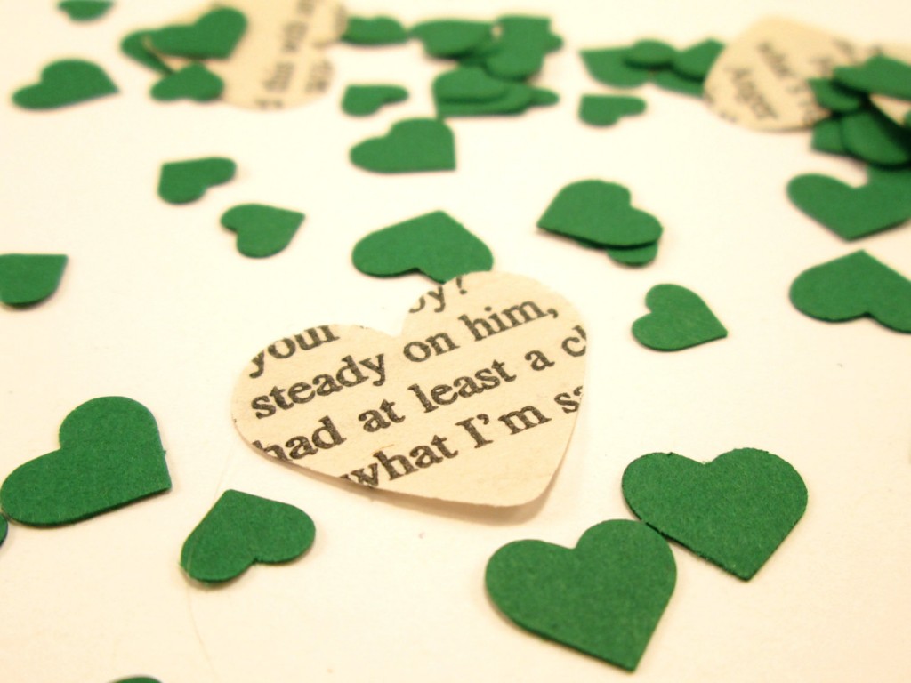 Book Page Heart Confetti & Green Mini Paper Hearts for Vintage Wedding