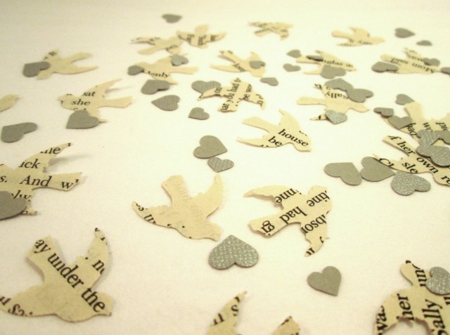 Book Page Bird Confetti & Silver Mini Heart Confetti