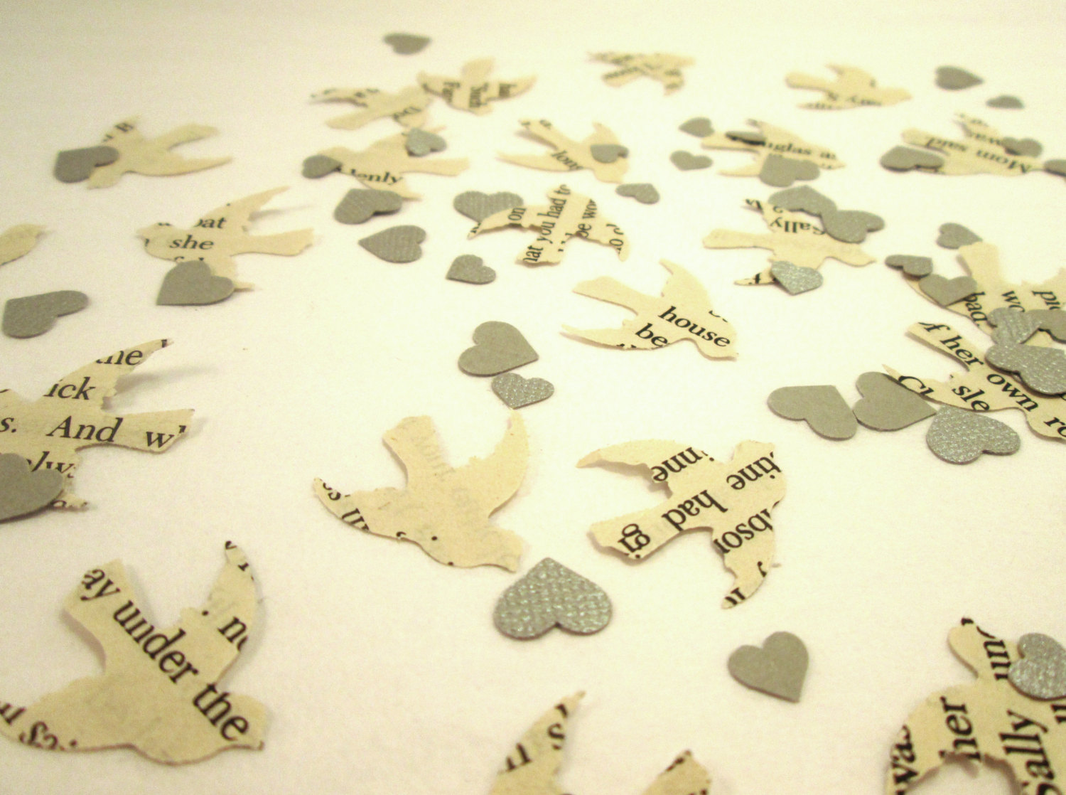 Book Page Bird Confetti & Silver Mini Heart Confetti