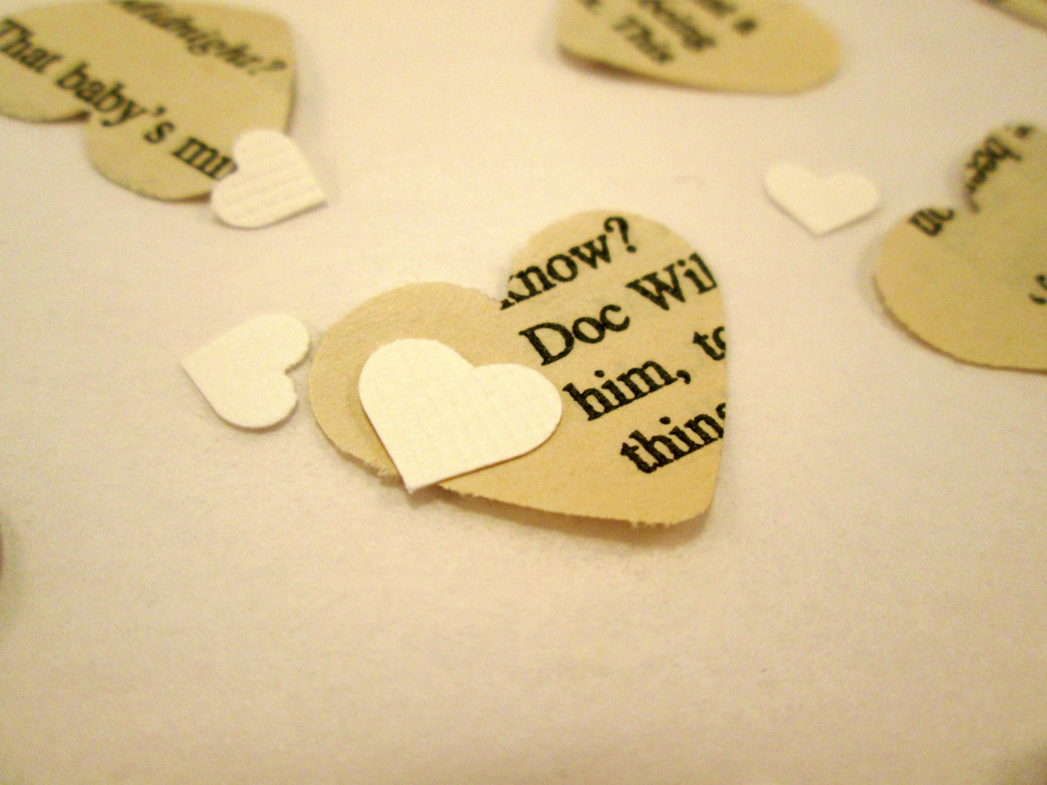 Book Page Heart Confetti & White Mini Paper Hearts for Vintage Wedding