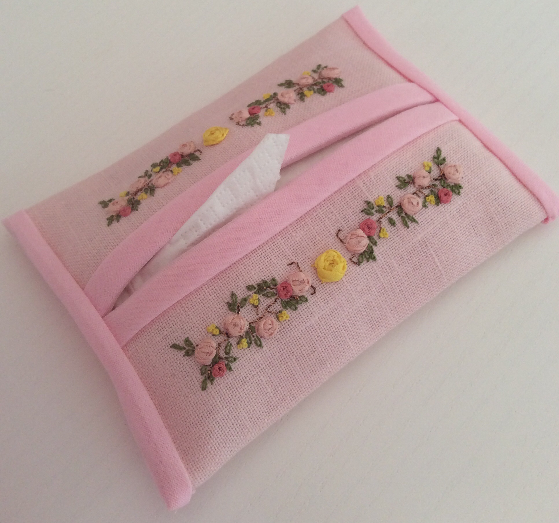 Hand Embroidered Pink Tissue Holder