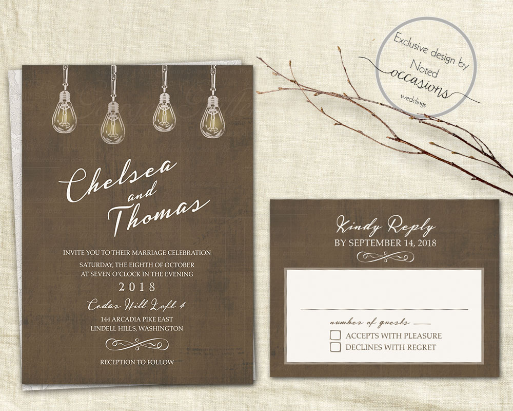 Industrial chic wedding invitation set designed with vintage light ...