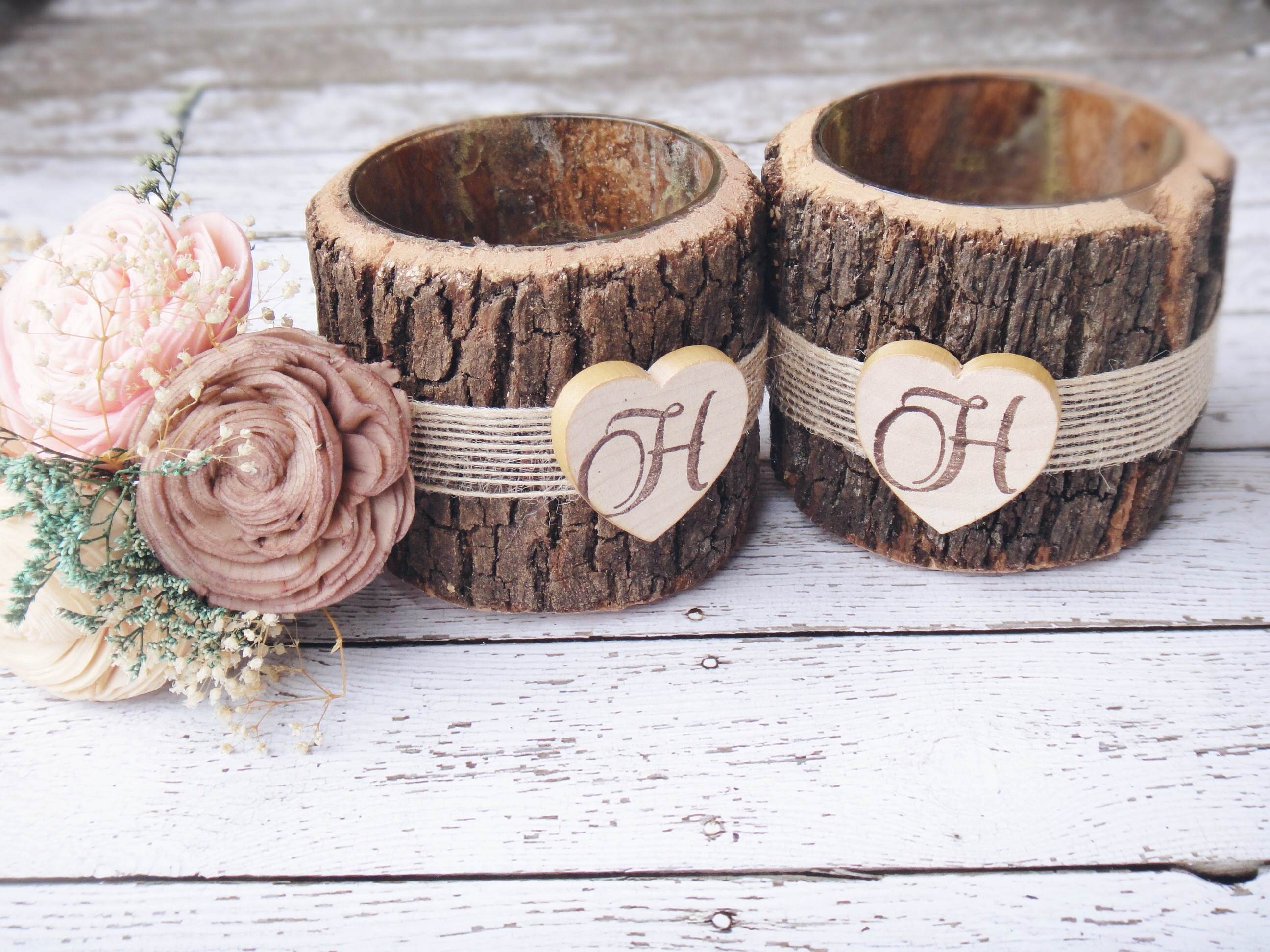 Monogram Bark Wrapped Candle Holder