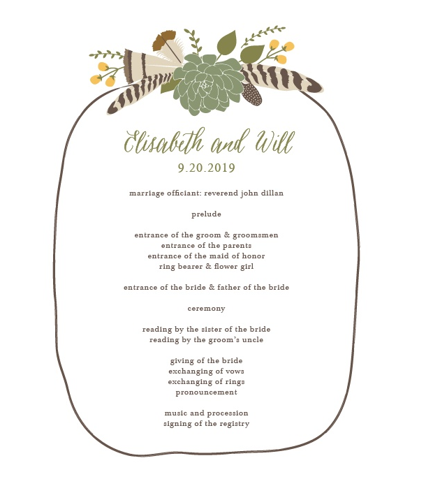 Boho Ceremony Programs for Weddings: Succulents, Feathers + Florals