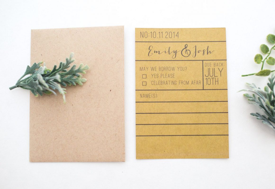 Book Wedding Invitations with Library Card RSVP | Emmaline Bride