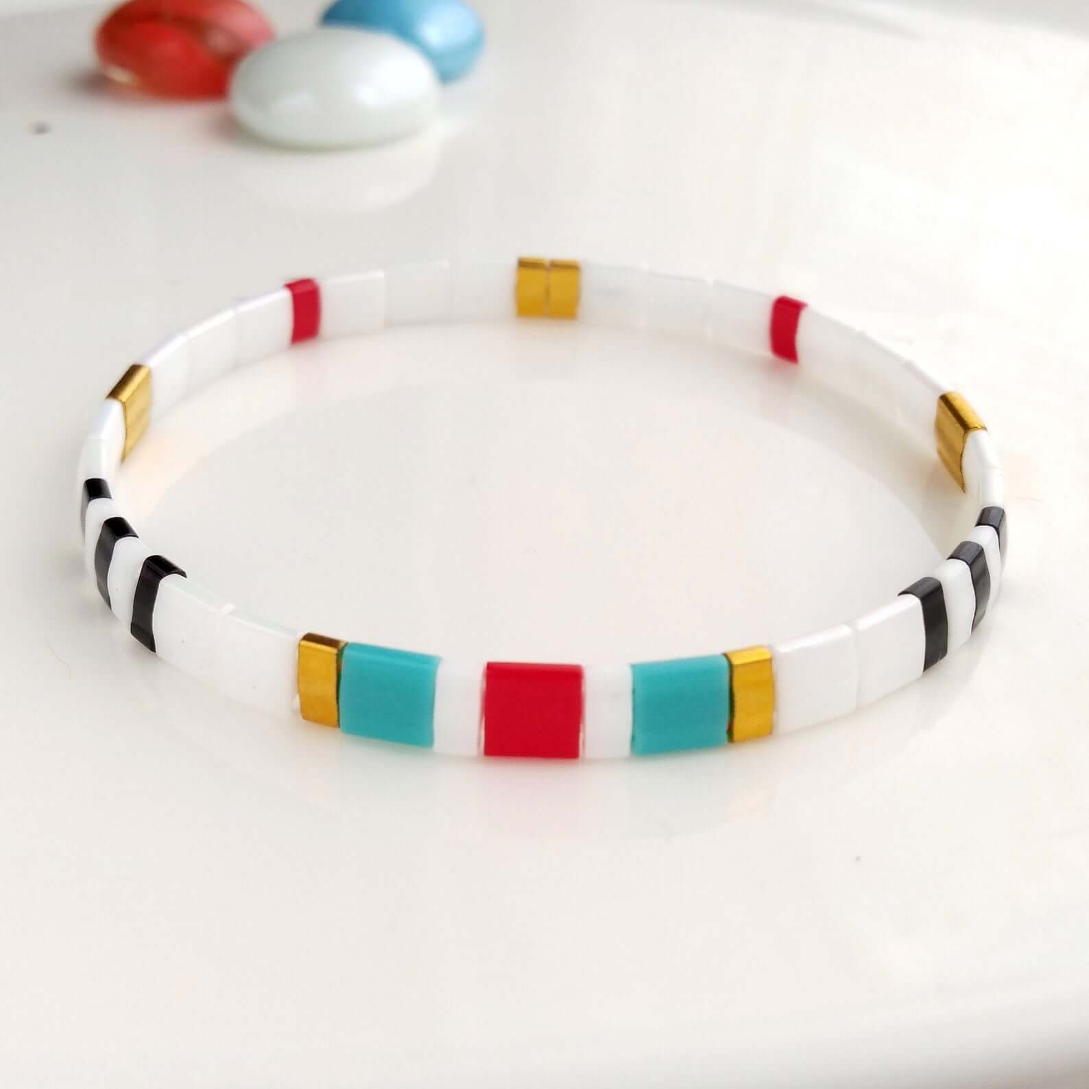 Fun Tile Bracelets with Colorful Tiles + Elastic | Emmaline Bride