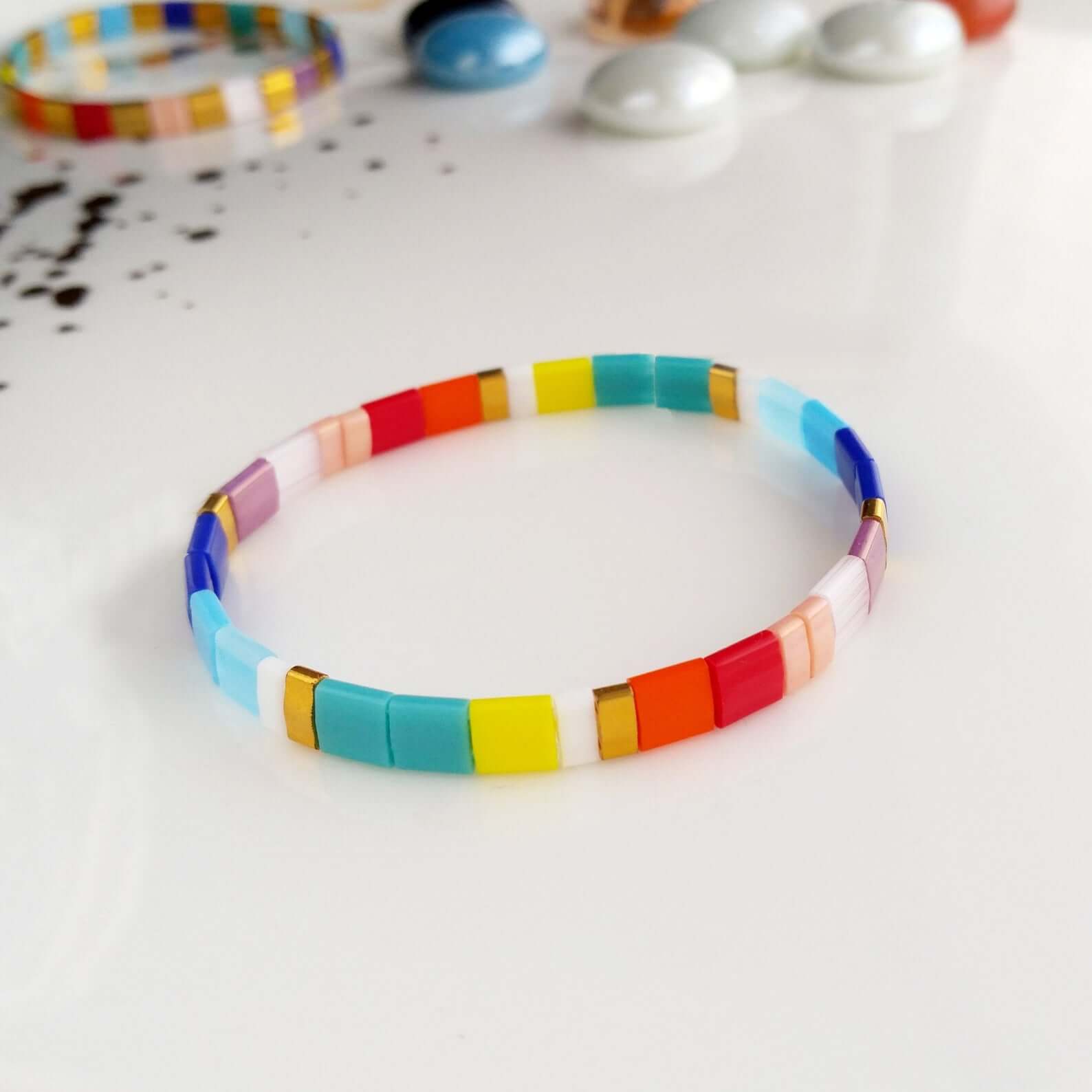 Fun Tile Bracelets with Colorful Tiles + Elastic | Emmaline Bride
