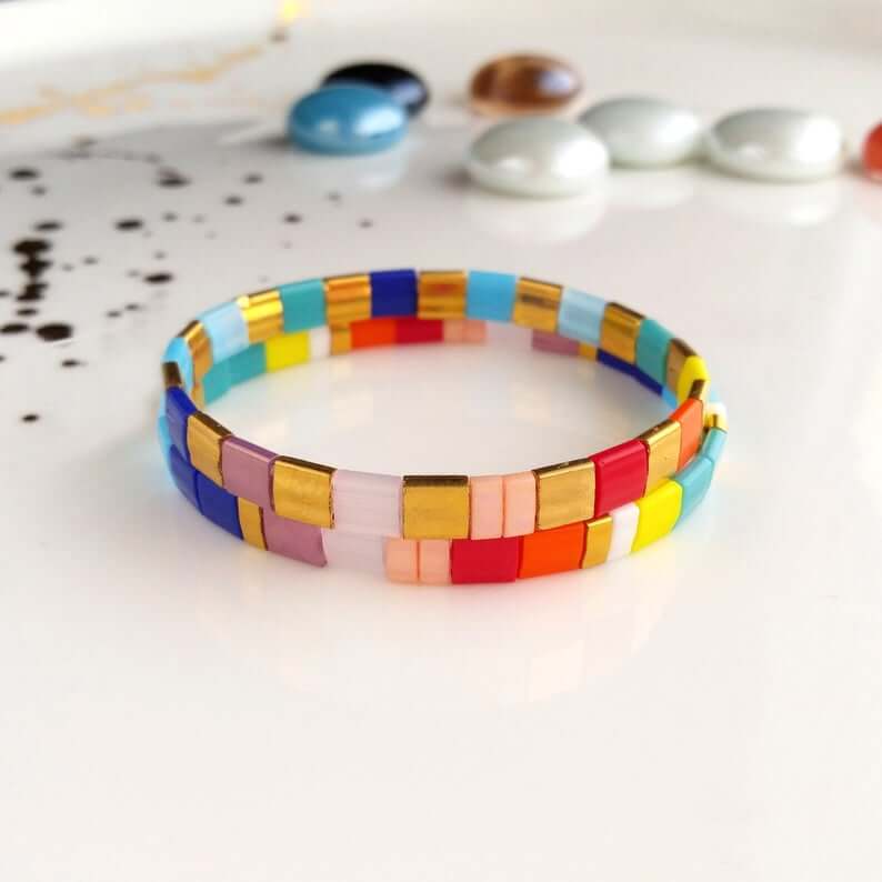 Fun Tile Bracelets with Colorful Tiles + Elastic | Emmaline Bride