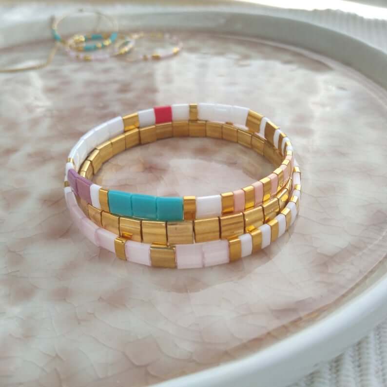 Fun Tile Bracelets with Colorful Tiles + Elastic | Emmaline Bride