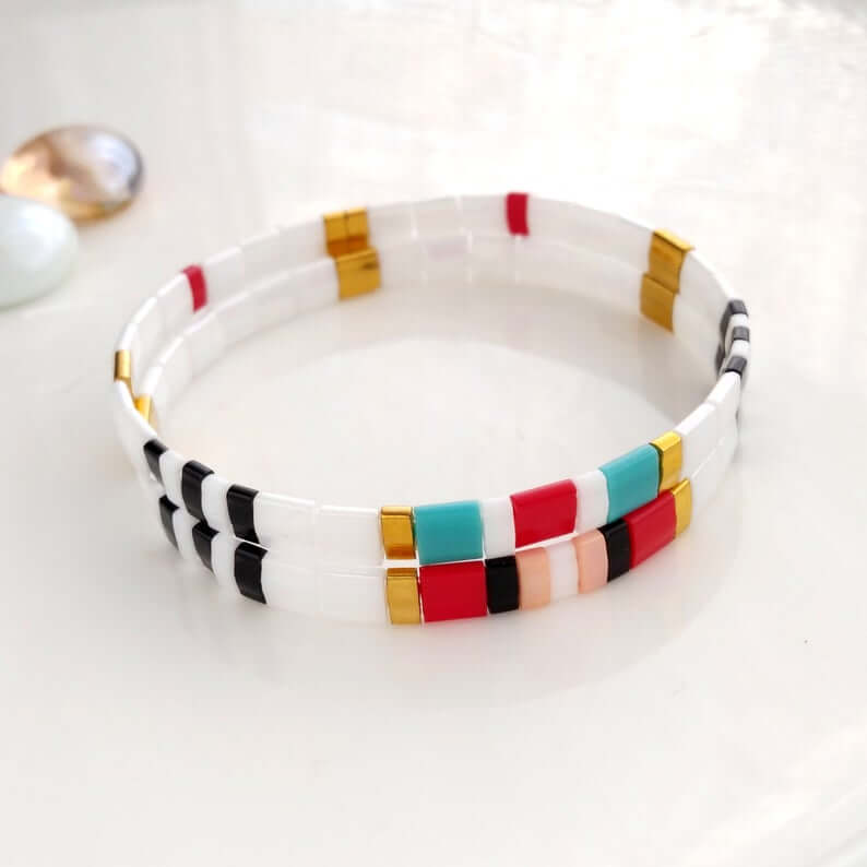 Fun Tile Bracelets with Colorful Tiles + Elastic | Emmaline Bride