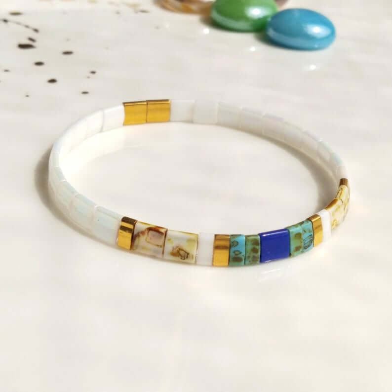 Fun Tile Bracelets with Colorful Tiles + Elastic | Emmaline Bride