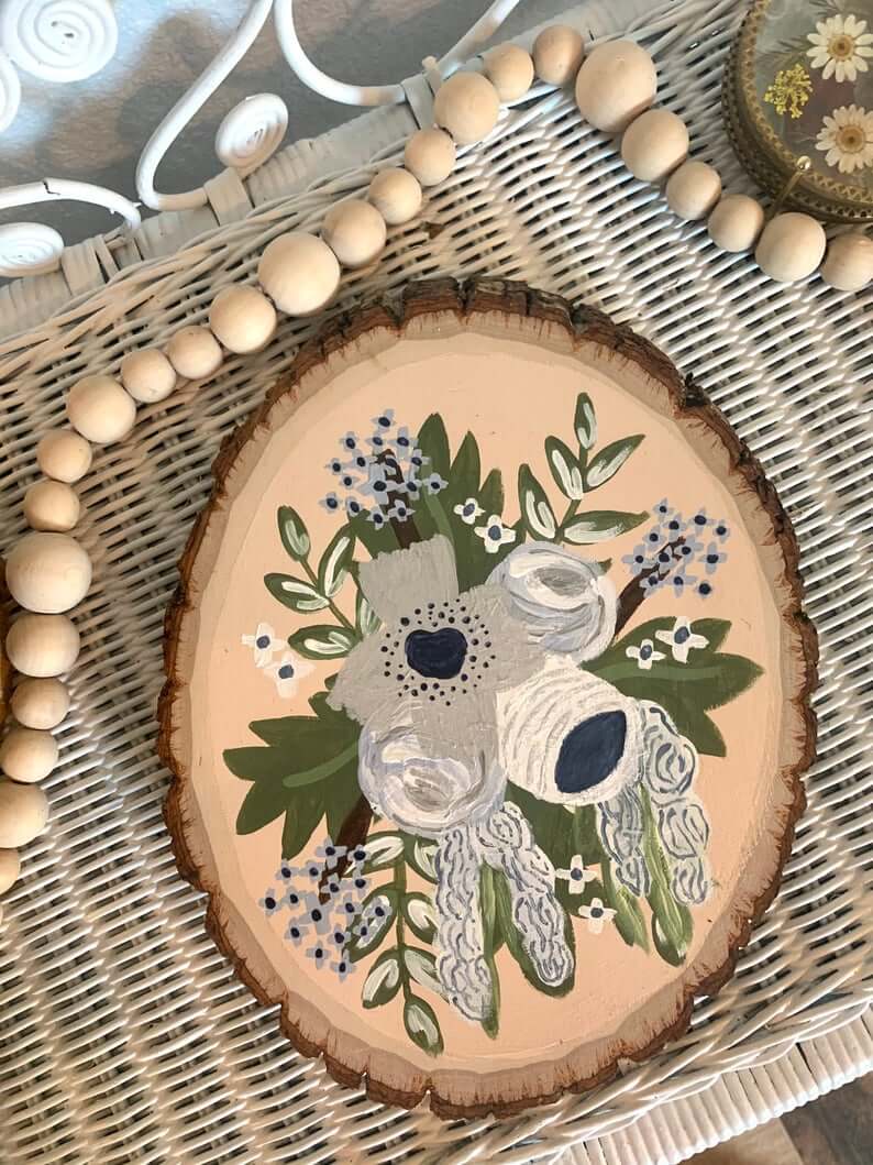 Painted Wood Slices: Floral Wood Slabs for Wedding Centerpieces