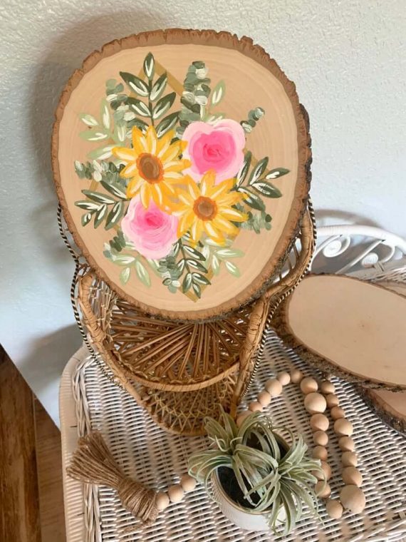 Painted Wood Slices: Floral Wood Slabs for Wedding Centerpieces