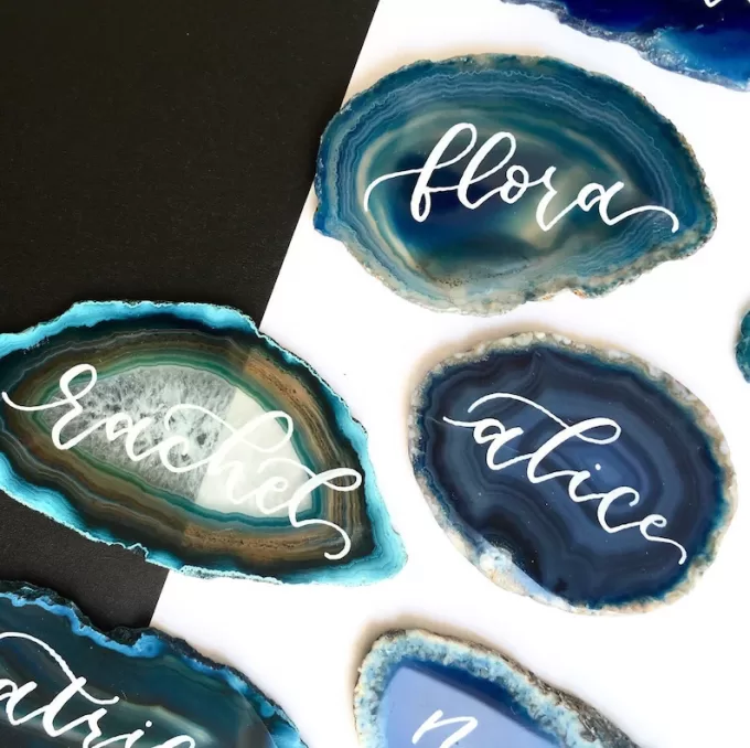 Agate Name Cards Made from Geodes | Emmaline Bride