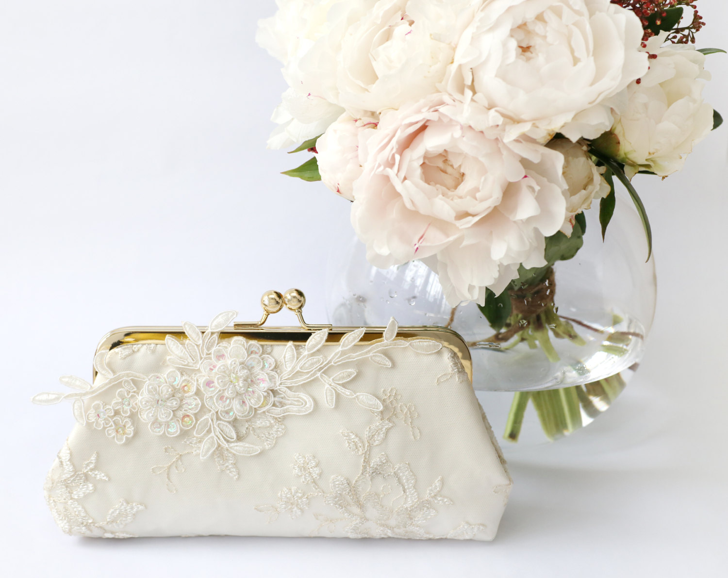 Lace Bridal Clutch Bag with Pearls and Alencon Lace